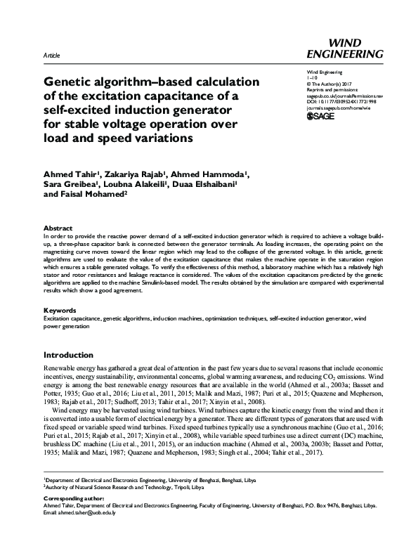 (PDF) Genetic algorithm–based calculation of the excitation capacitance of a self-excited ...