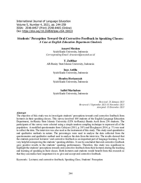 (PDF) Students’ Perception Toward Oral Corrective Feedback in Speaking ...