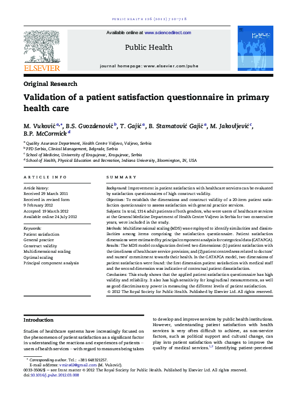 (PDF) Validation of a patient satisfaction questionnaire in primary ...