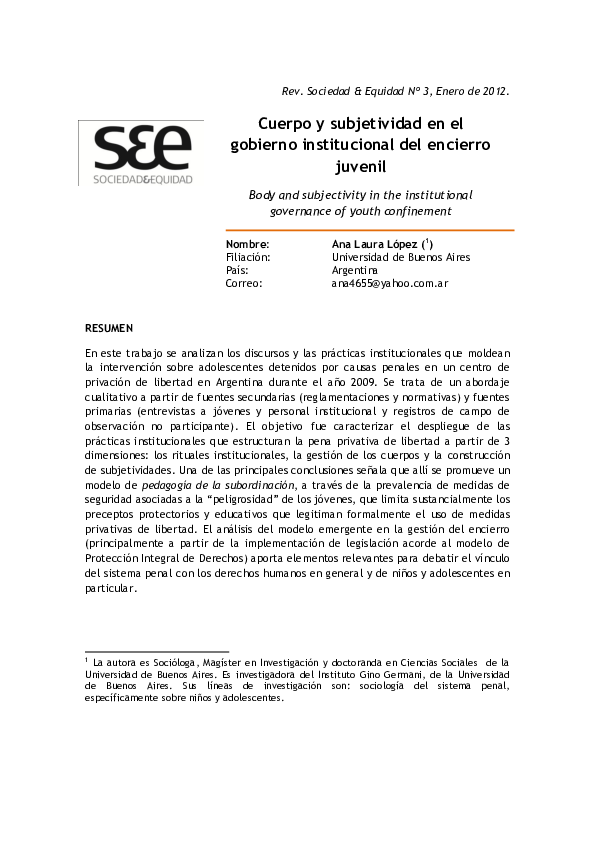 (PDF) Cuerpo y subjetividad en el gobierno institucional del encierro juvenil | Ana Laura López ...