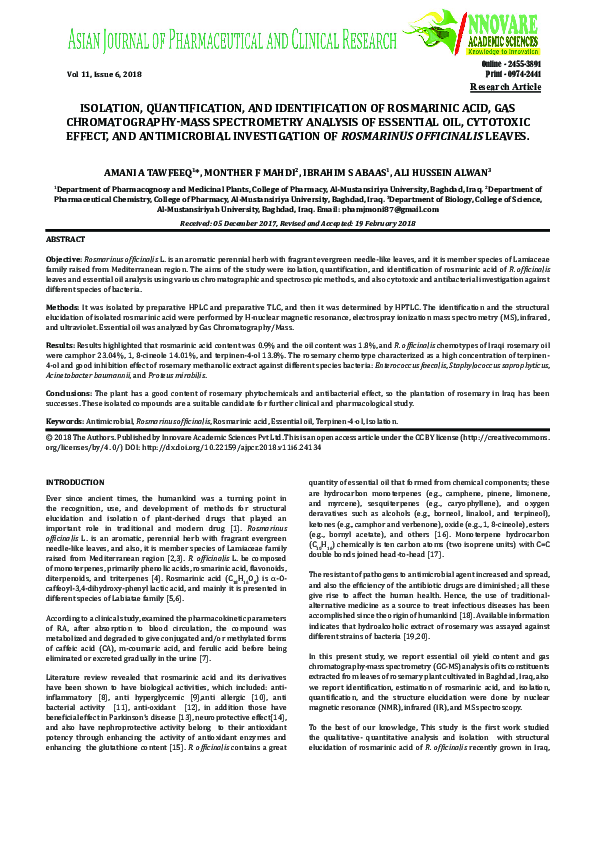 (PDF) Isolation, Quantification, and Identification of Rosmarinic Acid, Gas Chromatography-Mass ...