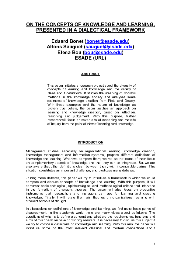 (PDF) On the Concepts of Knowledge and Learning , Presented in a Dialectical Framework