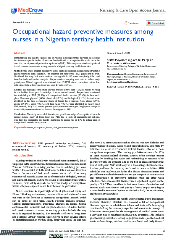 (PDF) Occupational hazard preventive measures among nurses in a nigerian tertiary health institution