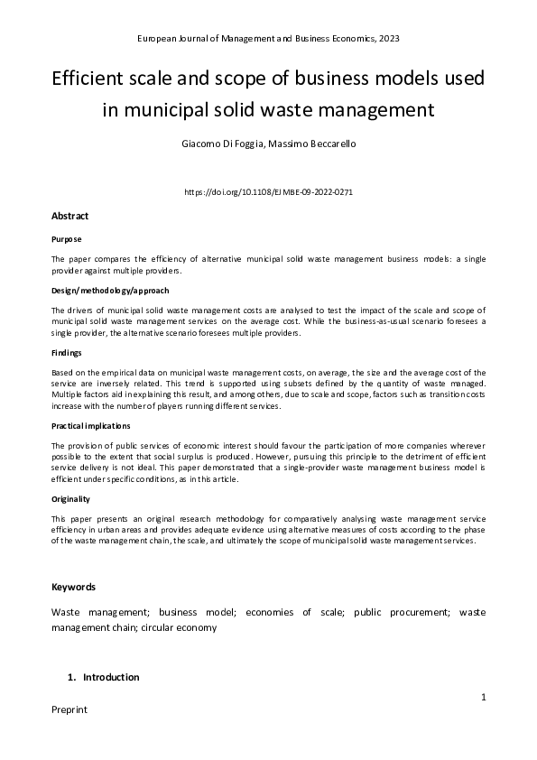 (PDF) Efficient scale and scope of business models used in municipal ...
