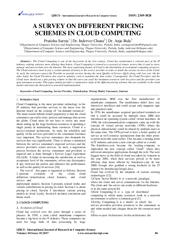 (PDF) A Survey on Different Pricing Schemes in Cloud Computing
