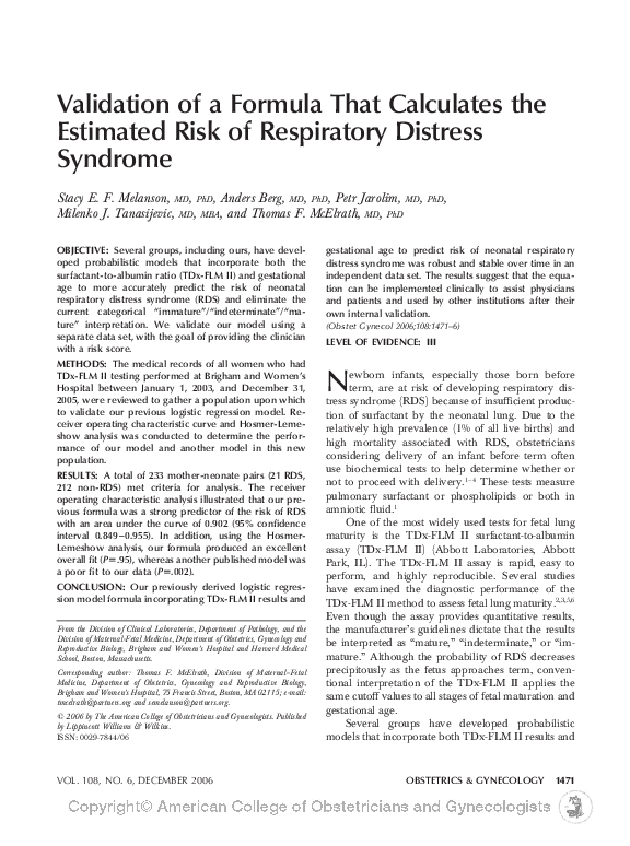 (PDF) Validation of a Formula That Calculates the Estimated Risk of ...