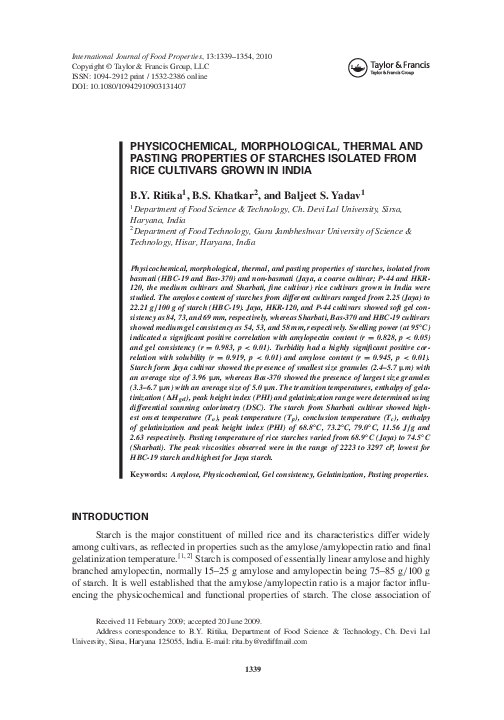 (PDF) Physicochemical, Morphological, Thermal and Pasting Properties of Starches Isolated from ...