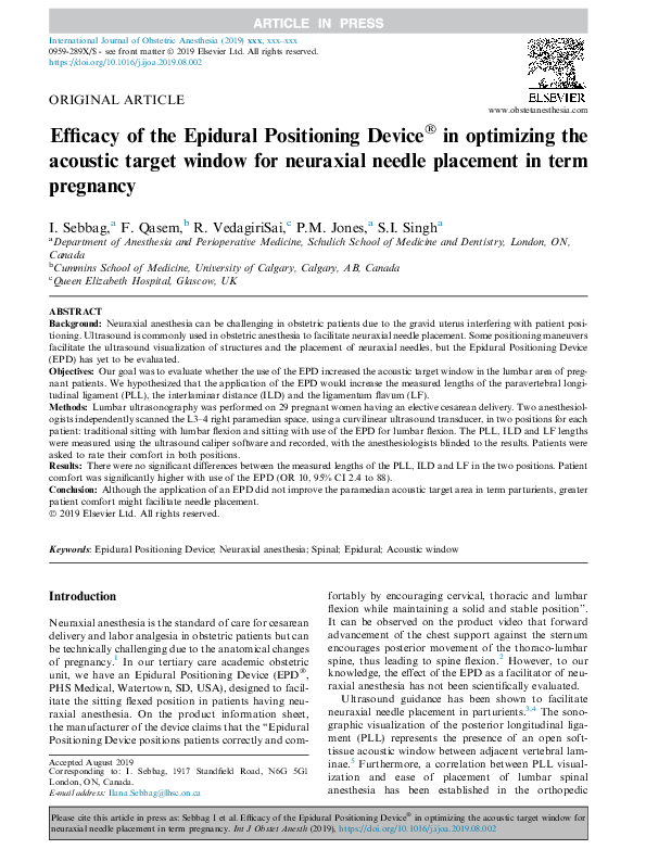 (PDF) Efficacy of the Epidural Positioning Device® in optimizing the ...
