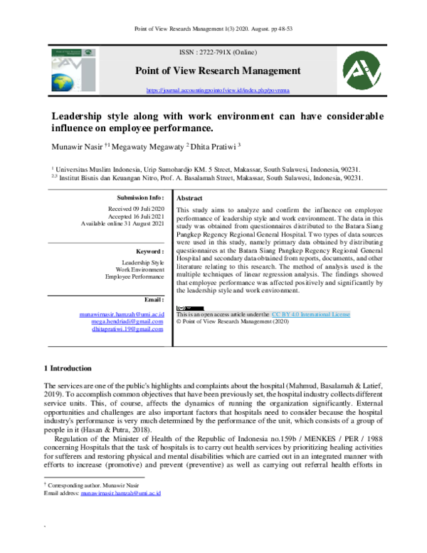 (PDF) Leadership style along with work environment can have ...