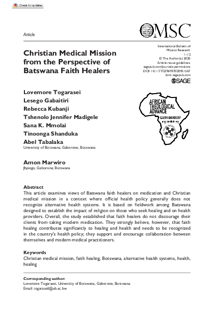 (PDF) Christian Medical Mission from the Perspective of Batswana Faith ...