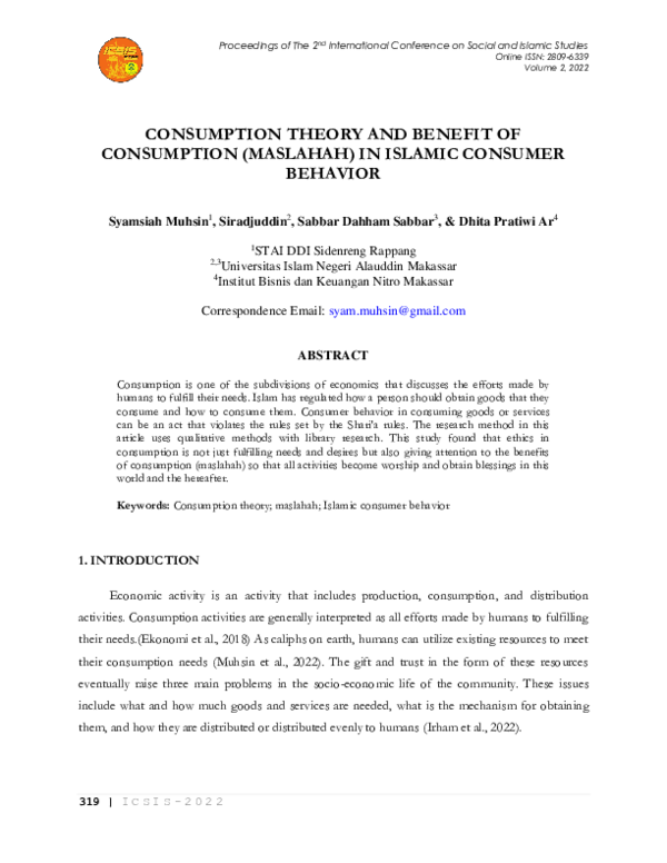 (PDF) CONSUMPTION THEORY AND BENEFIT OF CONSUMPTION (MASLAHAH) IN ...