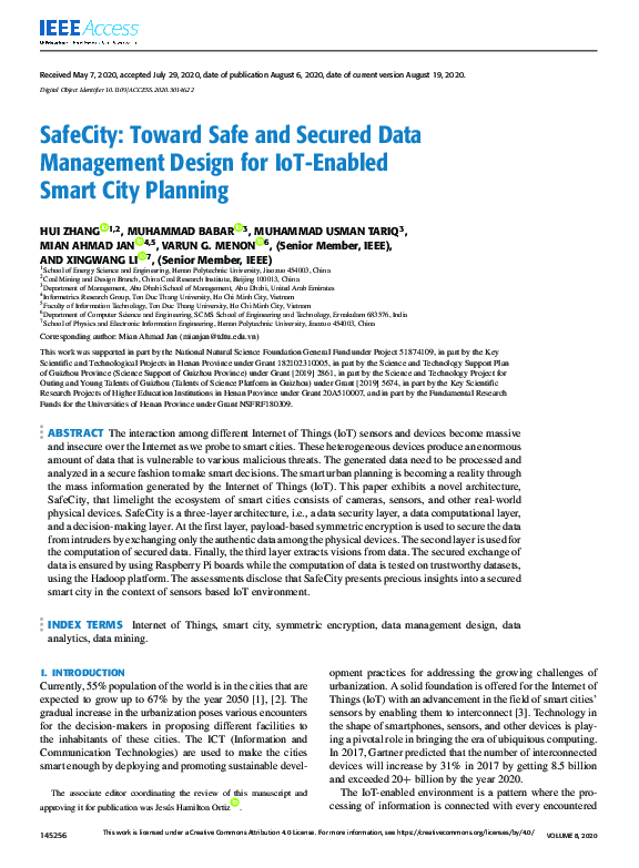 (PDF) SafeCity: Toward Safe and Secured Data Management Design for IoT-Enabled Smart City Planning