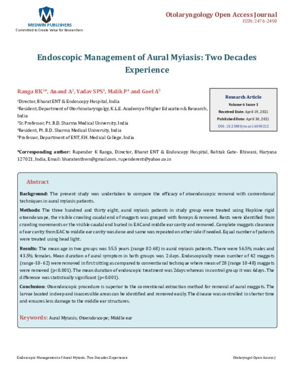 (PDF) Endoscopic Management of Aural Myiasis: Two Decades Experience