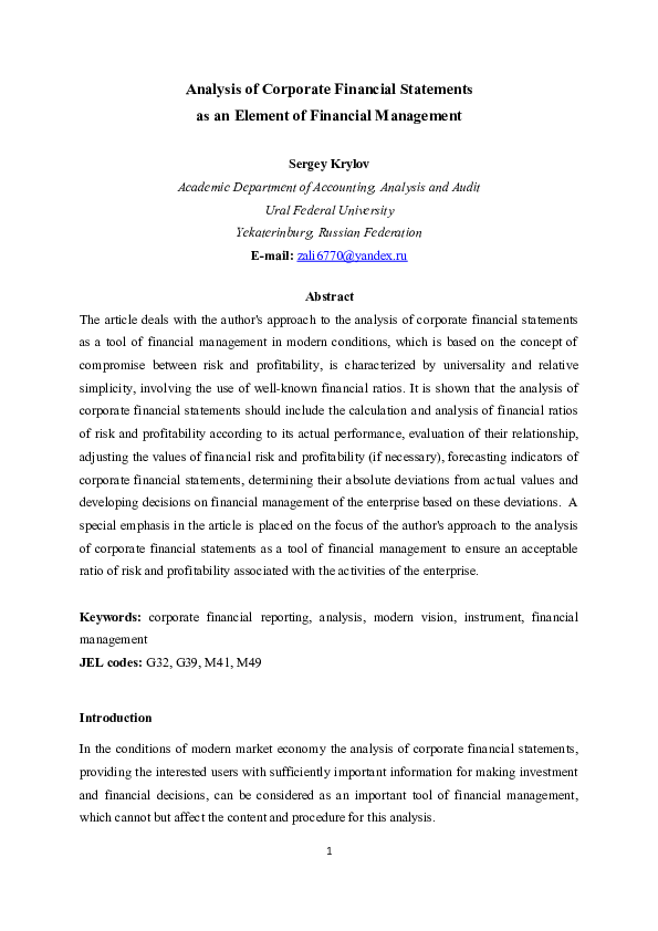 (DOC) Analysis of Corporate Financial Statements as an Element of ...
