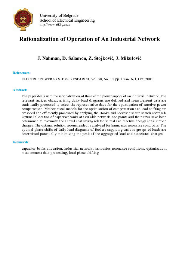 (PDF) Rationalization of operation of an industrial network