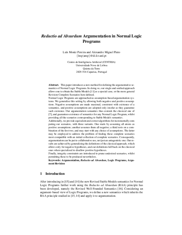 (PDF) Reductio ad absurdum argumentation in normal logic programs