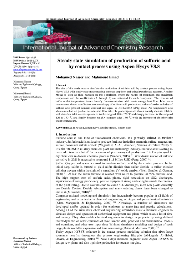 (PDF) Steady state simulation of production of sulfuric acid by contact process using Aspen ...