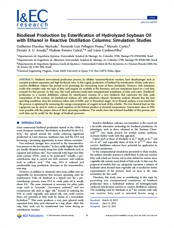 Pdf Biodiesel Production By Esterification Of Hydrolyzed Soybean Oil With Ethanol In Reactive