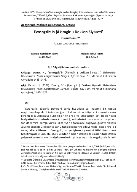 (PDF) Araştırma Makalesi/Research Article Evrengzîb'in (Âlemgîr I ...