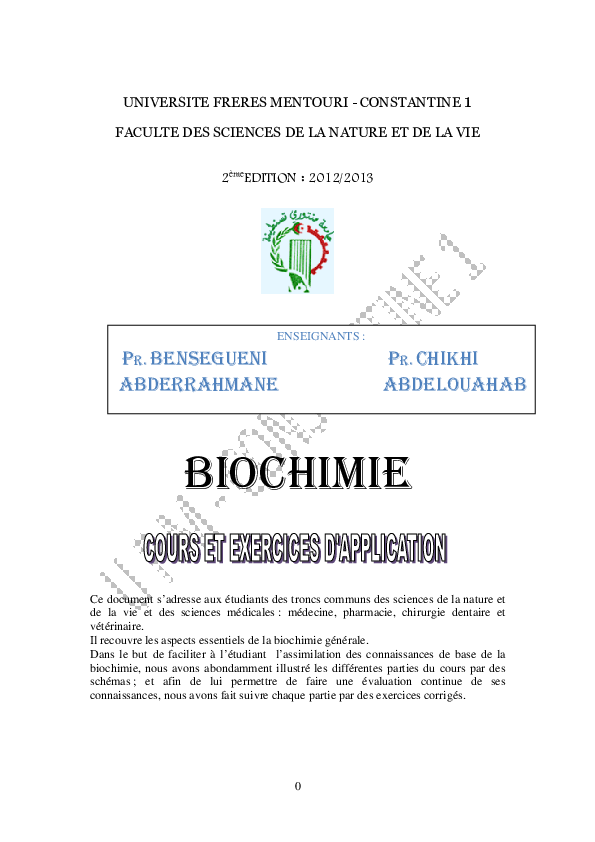 (PDF) Cours Biochimie Structurale Constatntine