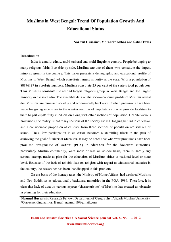 (PDF) Muslims in West Bengal: Trend Of Population Growth And ...