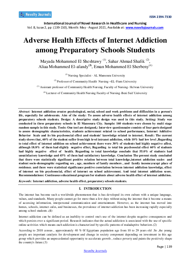 (PDF) Adverse Health Effects of Internet Addiction among Preparatory ...