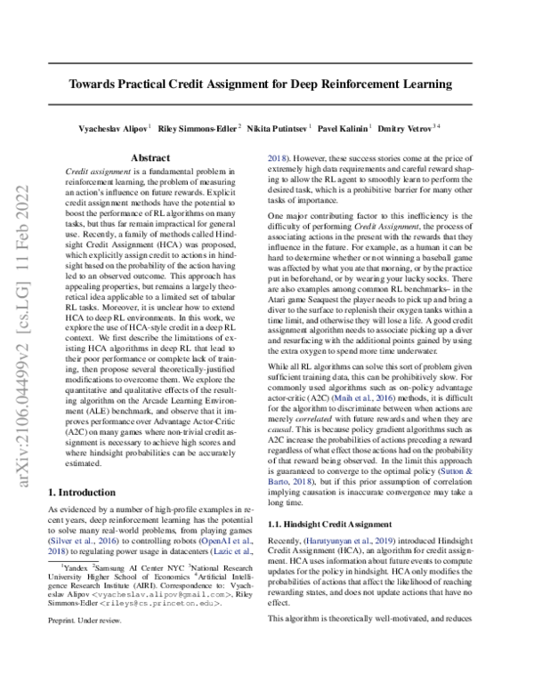 (PDF) Towards Practical Credit Assignment for Deep Reinforcement Learning