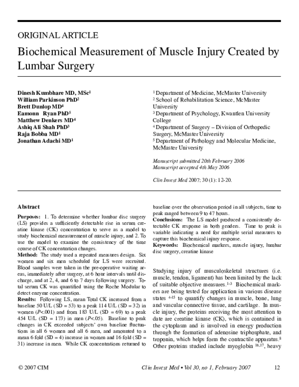 (PDF) Biochemical Measurement of Muscle Injury Created by Lumbar Surgery