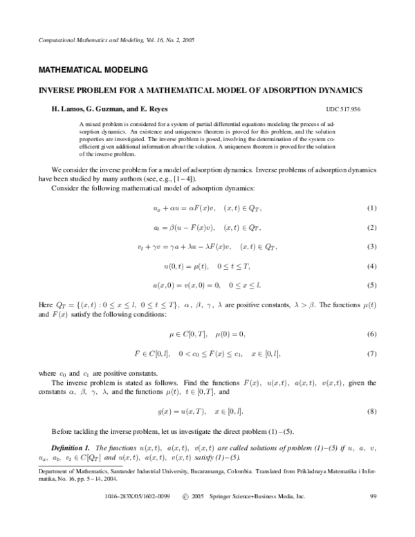 (PDF) Inverse Problem for a Mathematical Model of Adsorption Dynamics