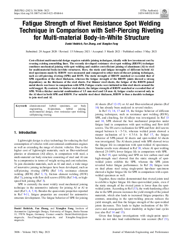 (PDF) Fatigue Strength of Rivet Resistance Spot Welding Technique in ...