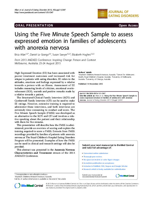(PDF) Using the Five Minute Speech Sample to assess expressed emotion ...