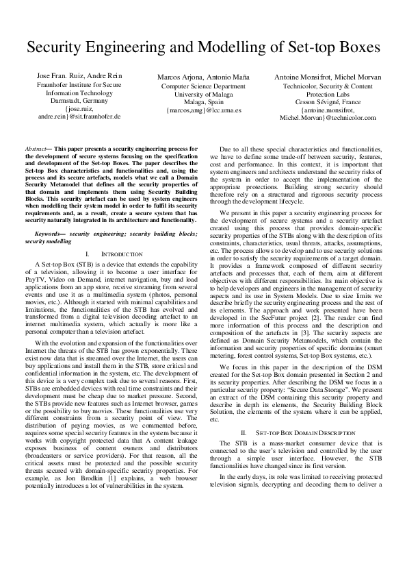 (PDF) Security Engineering and Modelling of Set-Top Boxes | Antonio Maña - Academia.edu