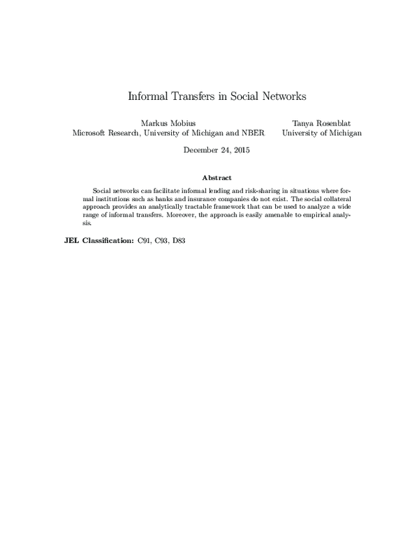 (PDF) Informal Transfers in Social Networks | Markus Mobius - Academia.edu