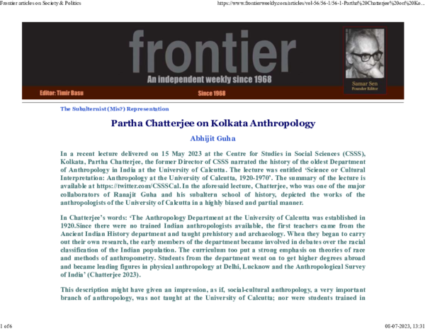 (PDF) The subalternist (mis?)representation: Partha Chatterjee on Kolkata Anthropology