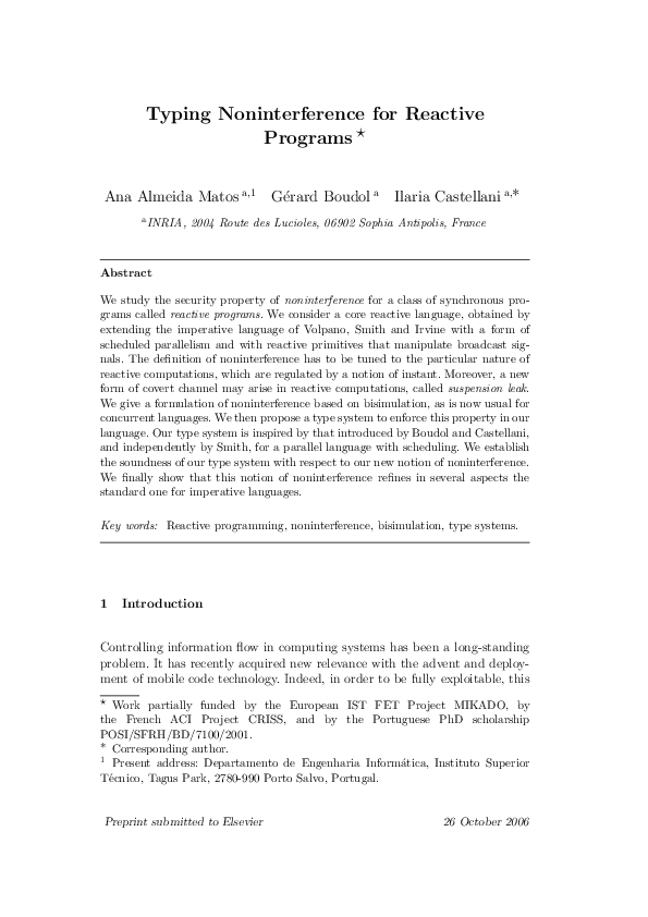 Pdf Typing Noninterference For Reactive Programs