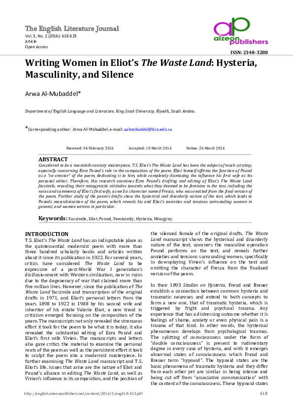 (PDF) Writing Women in Eliot's The Waste Land: Hysteria, Masculinity ...