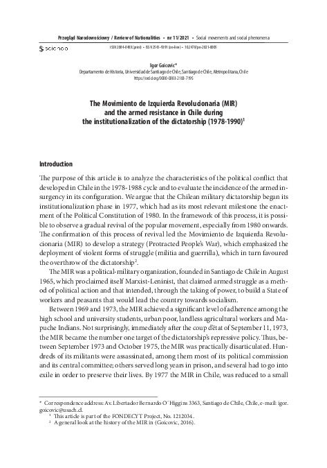 (PDF) The Movimiento de Izquierda Revolucionaria (MIR) and the armed ...