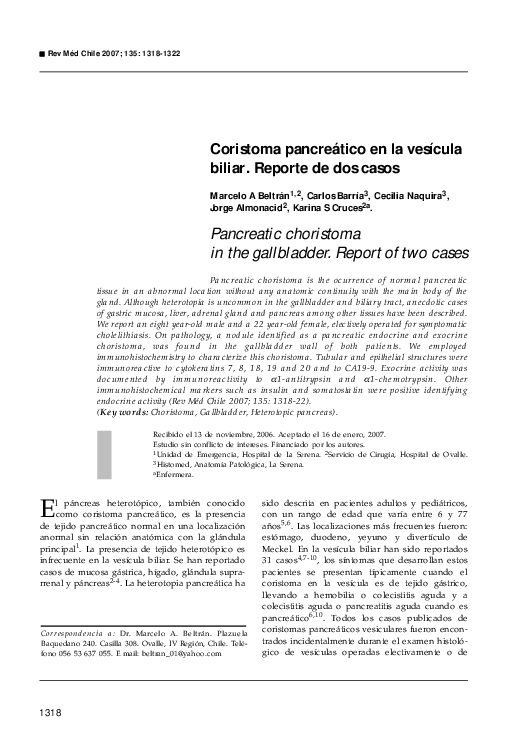 (PDF) Coristoma pancreático en la vesícula biliar: Reporte de dos casos