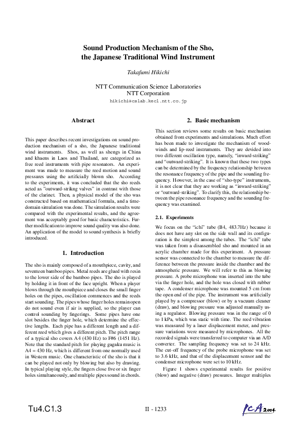 (PDF) Sound Production Mechanism of the Sho , the Japanese Traditional ...