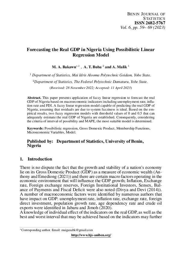 (PDF) Forecasting the Real GDP in Nigeria Using Possibilistic Linear Regression Model