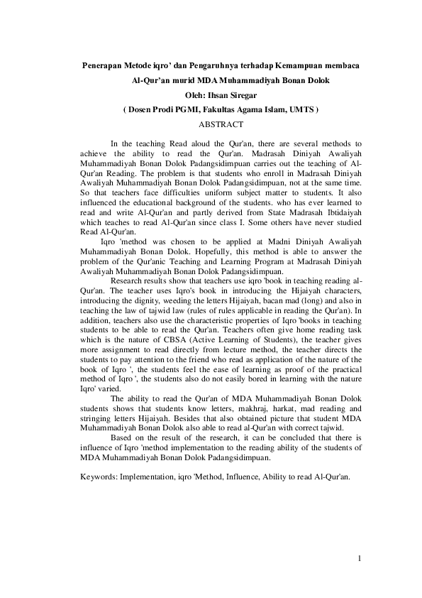 (PDF) Penerapan Metode iqro’ dan Pengaruhnya terhadap Kemampuan membaca Al-Qur’an murid MDA ...