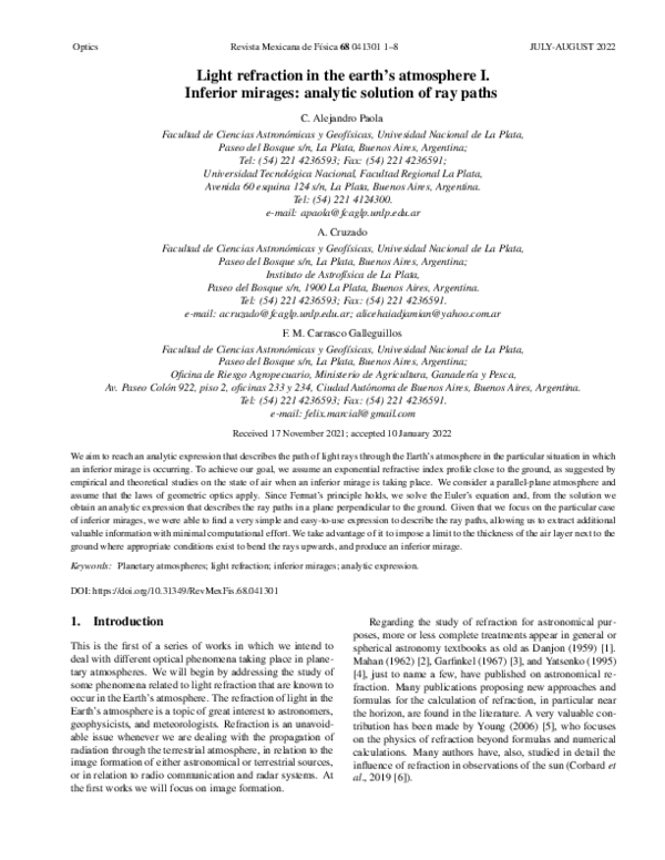 (PDF) Light refraction in the earth's atmosphere I. Inferior mirages: analytic solution of ray paths