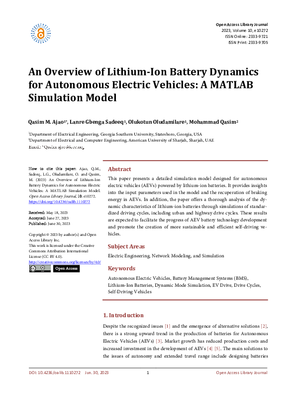 Pdf An Overview Of Lithium Ion Battery Dynamics For Autonomous Electric Vehicles A Matlab