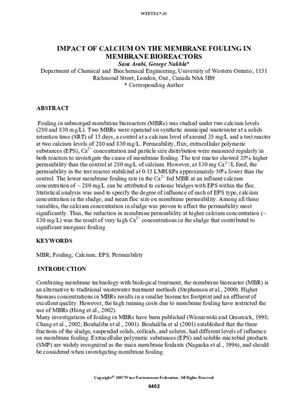 (PDF) Impact of calcium on the membrane fouling in membrane bioreactors