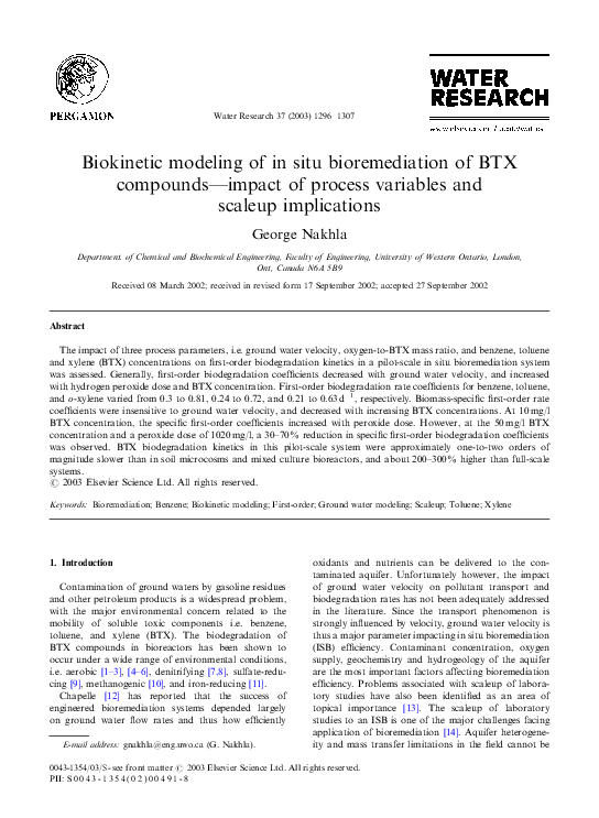 (PDF) Biokinetic modeling of in situ bioremediation of BTX compounds ...