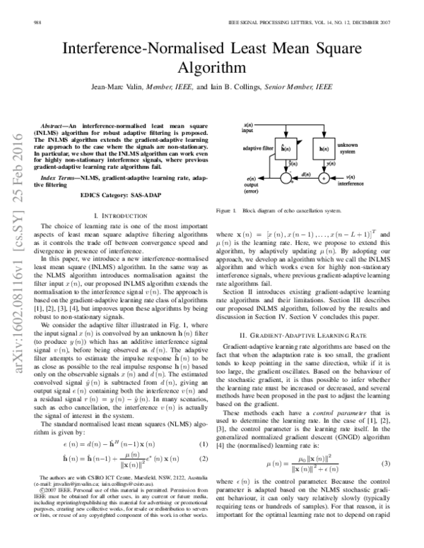 (PDF) Interference-Normalised Least Mean Square Algorithm