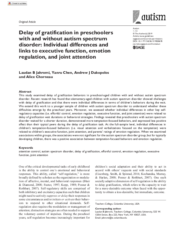 (PDF) Delay of gratification in preschoolers with and without autism ...