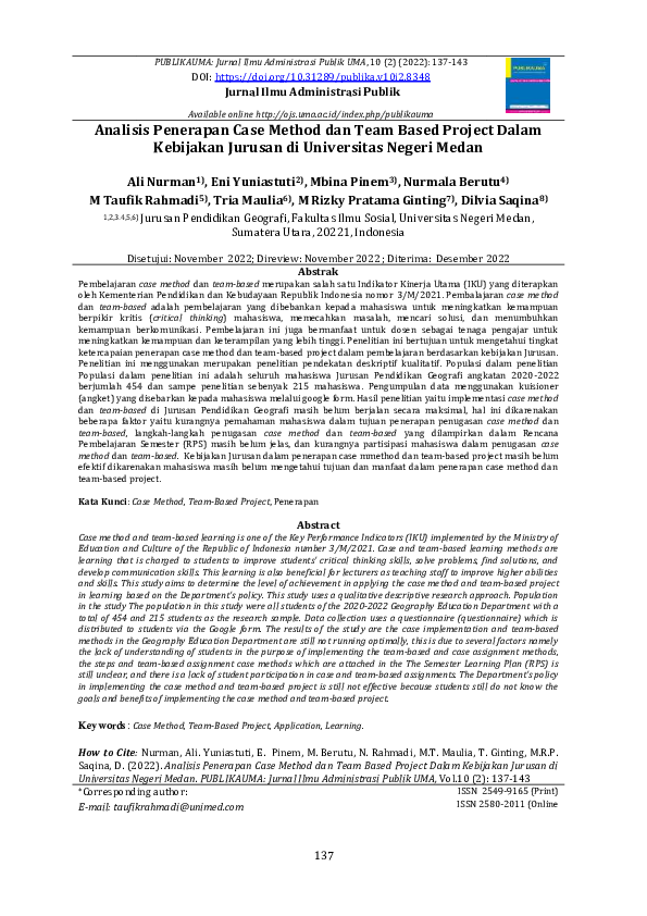 (PDF) Analisis Penerapan Case Method dan Team Based Project Dalam Kebijakan Jurusan di ...