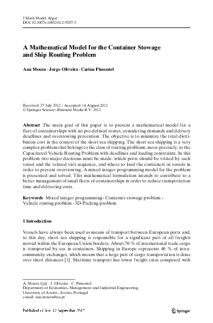 Pdf A Mathematical Model For The Container Stowage And Ship Routing Problem