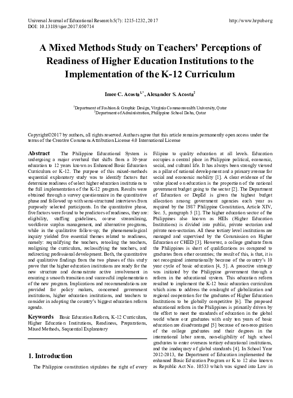(PDF) A Mixed Methods Study on Teachers' Perceptions of Readiness of Higher Education ...